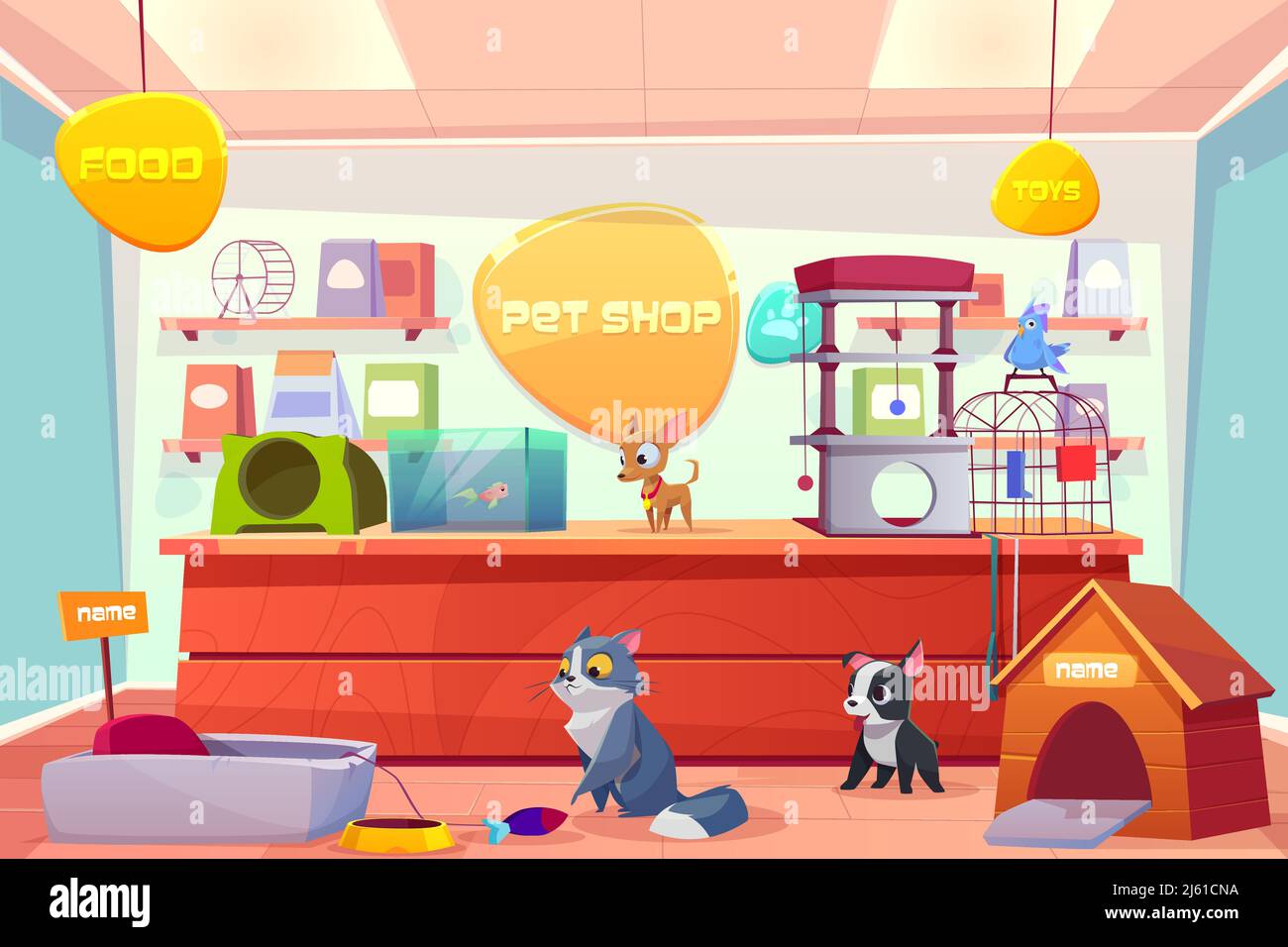 Pet shop with home animals, store interior with cat, dog, puppy, bird ...