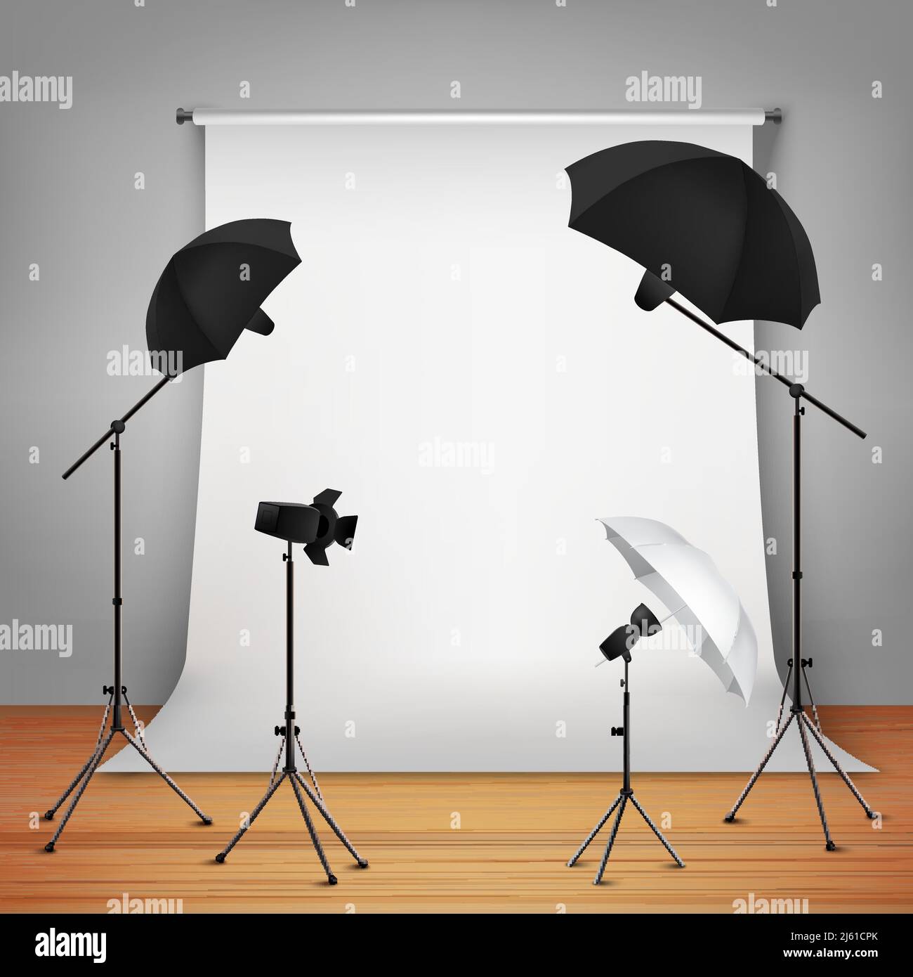 Photo studio design concept set with lamps and camera on tripods vector ...