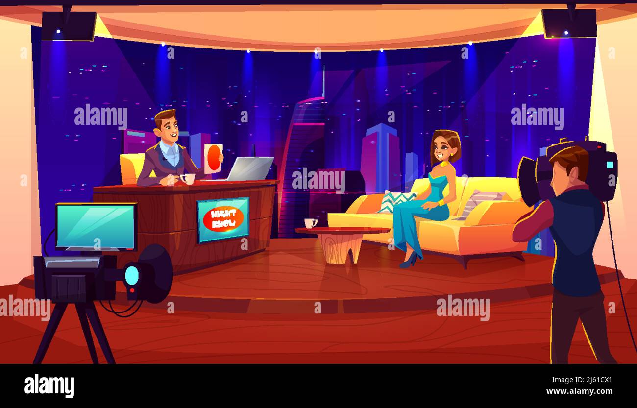 Tv night show with guest. Female celebrity giving interview to ...