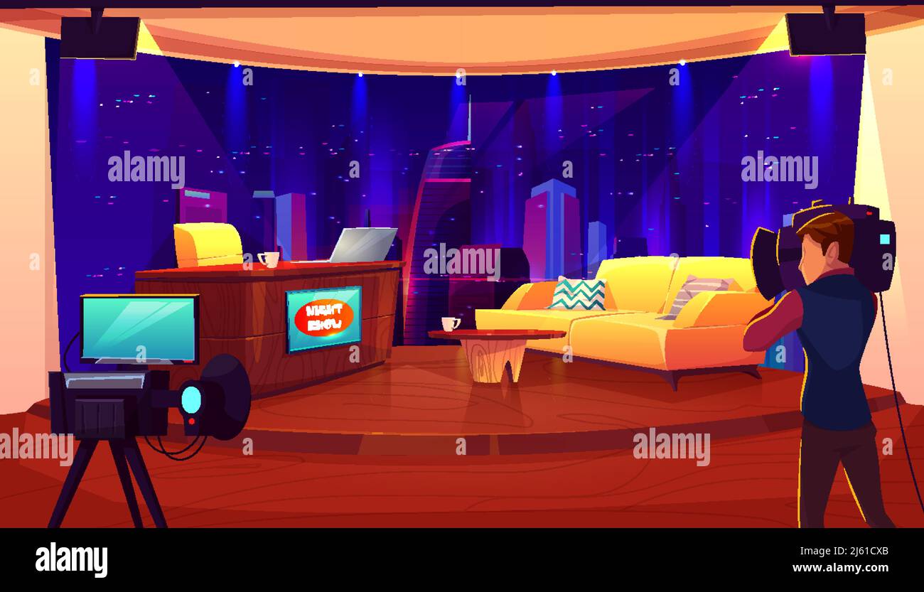 Television studio with camera, lights, table for newscaster, couch for ...