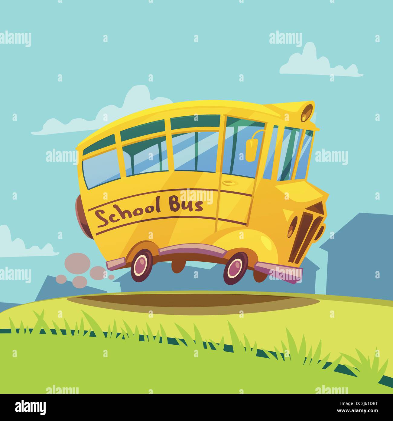 Cute retro yellow school bus on the road cartoon vector illustration ...