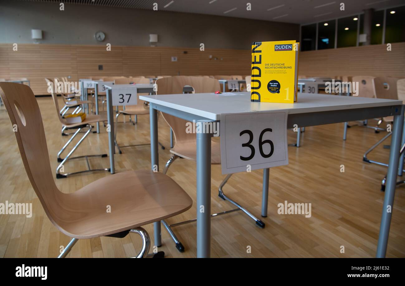 27 April 2022, Bavaria, Grünwald: A Duden stands on a table at Grünwald ...