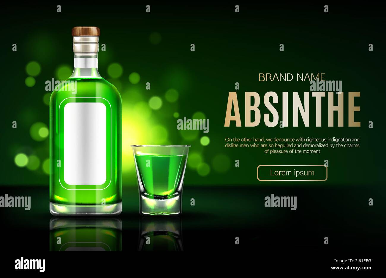 Absinthe bottle and shot glass mock up banner, blank flask with green ...