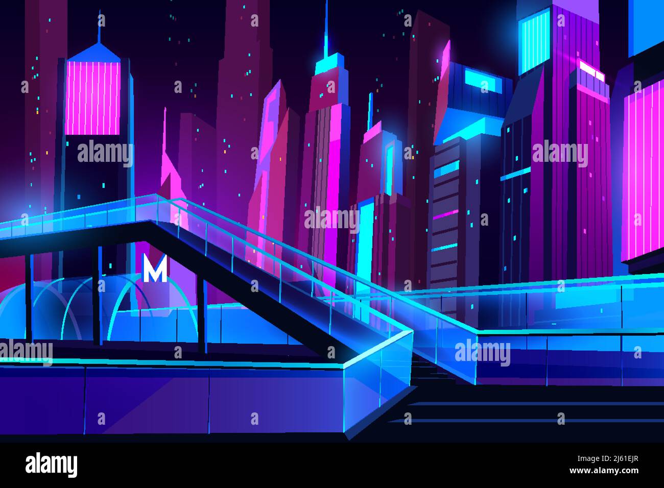 Metro entrance in night city with neon illumination, glass pedestrian ...