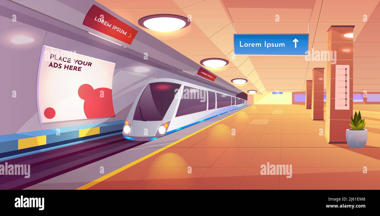 Train in metro station, empty subway platform, underground interior ...