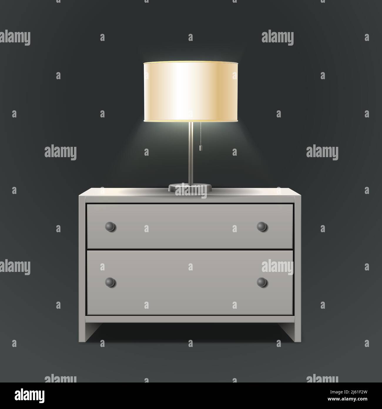 3d realistic vector icon. White bedside table with lapm on top with ...