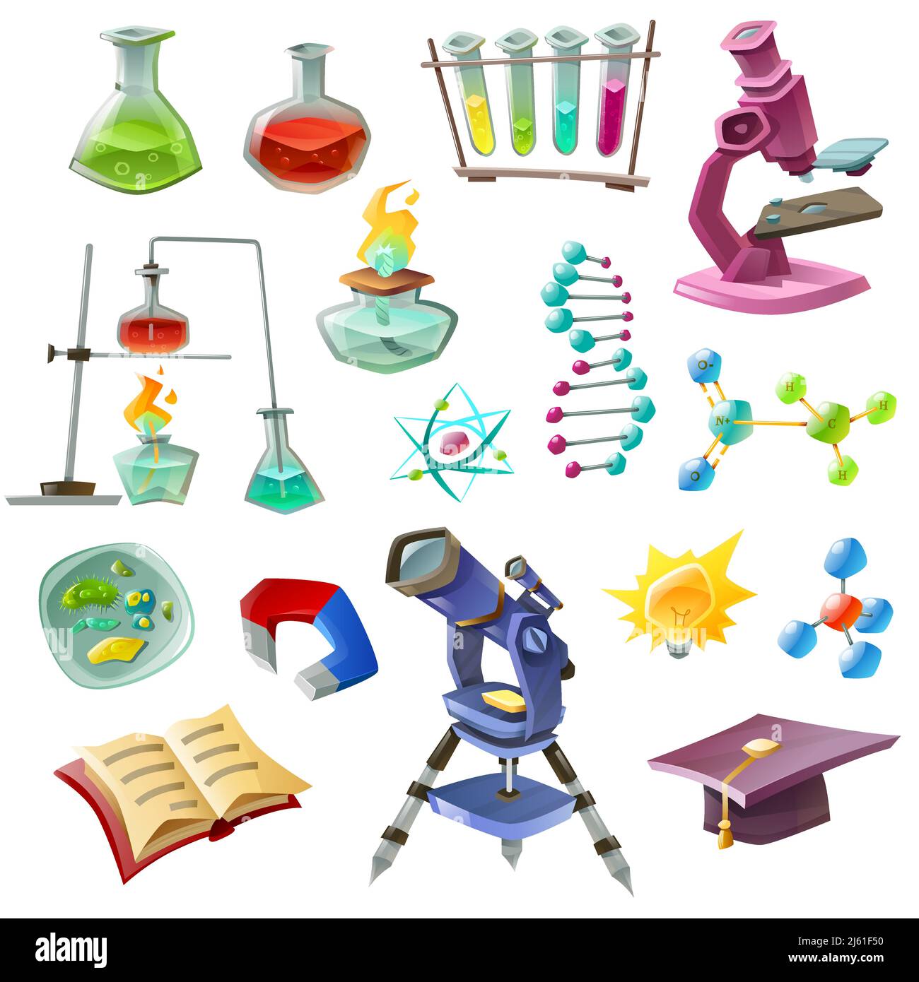 Science decorative icons set with chemical experiments dna microscope ...