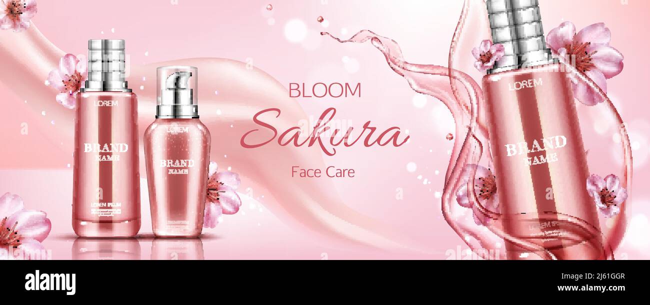 Sakura cosmetics bottles mockup banner, serum, lotion or cream face ...