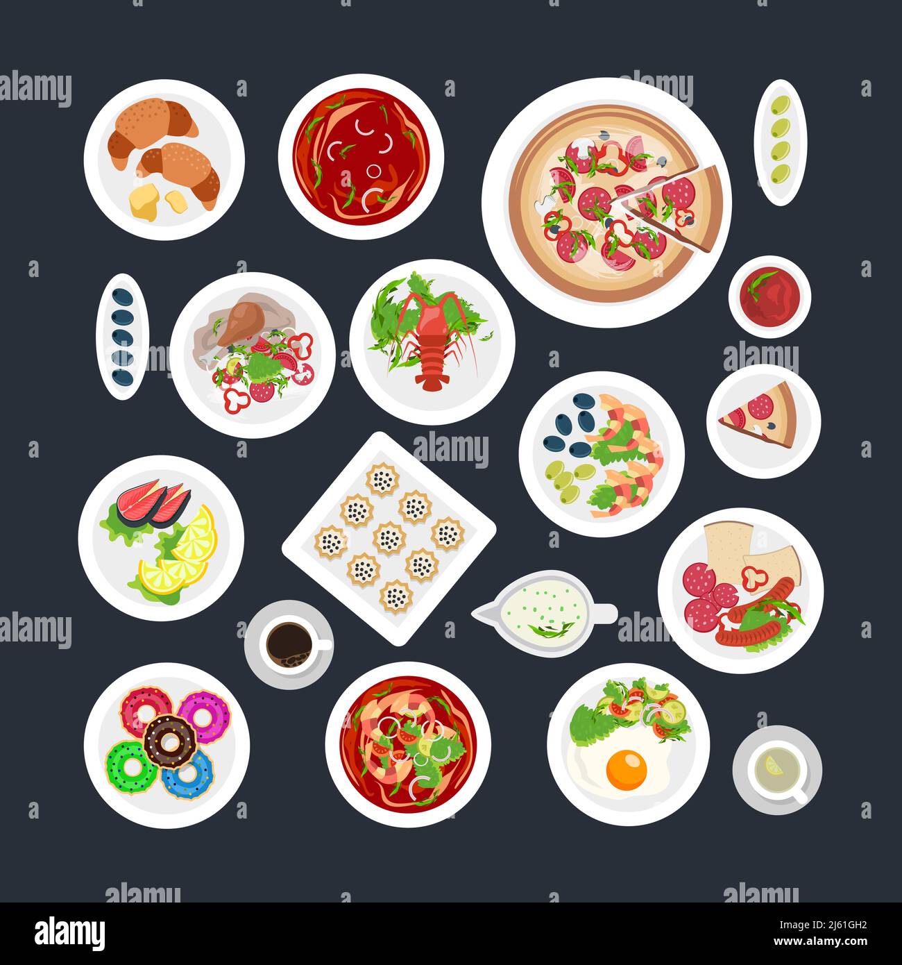 A set of top viewed plates in different sizes with various food vector ...