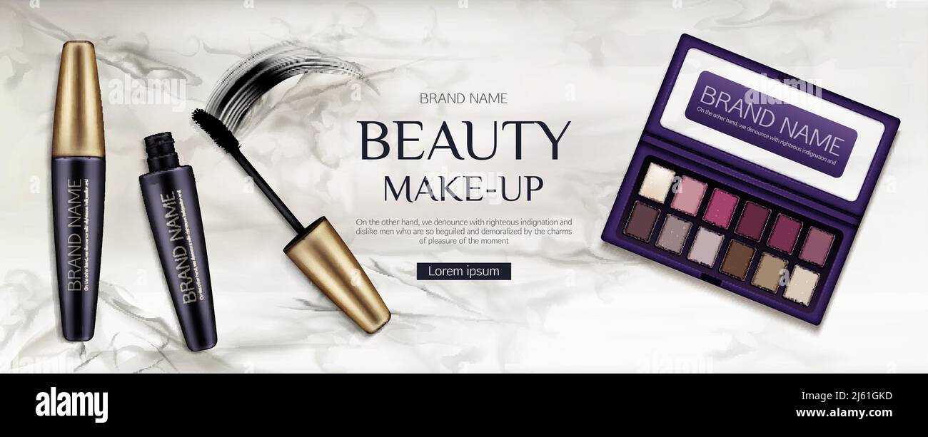 Cosmetic eye shadow palette, mascara tubes with brush stroke mockup on ...