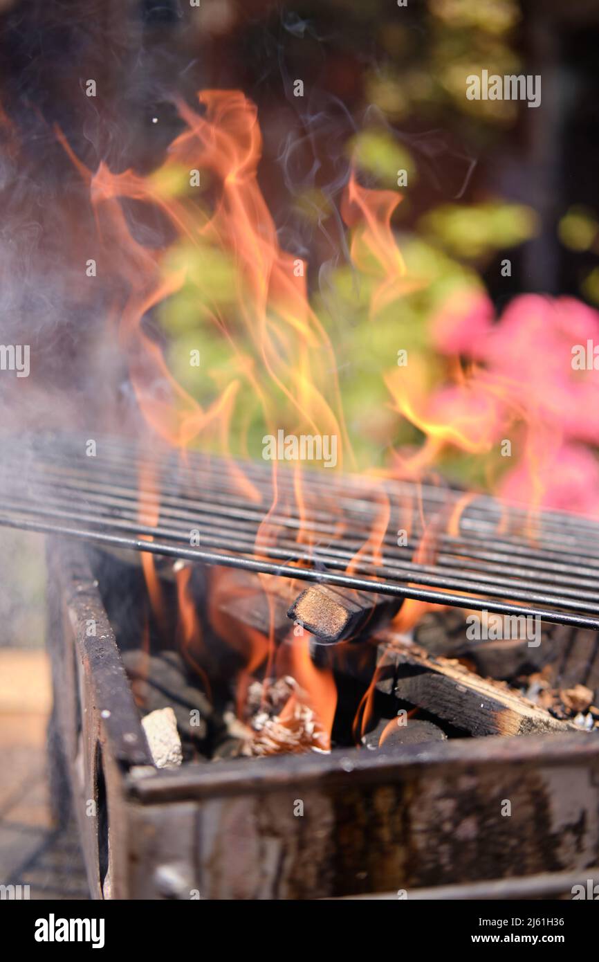 Barbecue Grill. Detail of Fire flames Stock Photo - Alamy