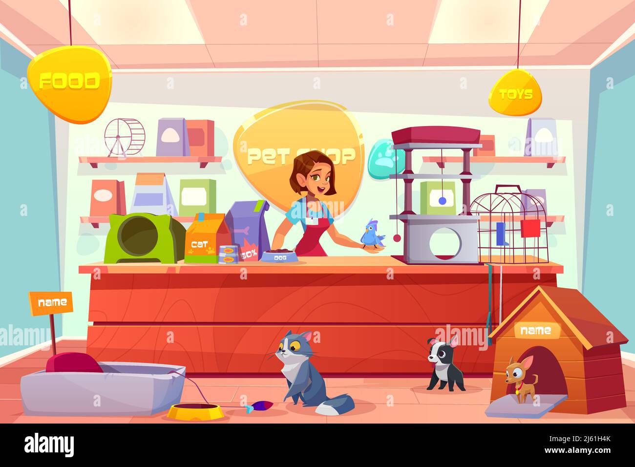 Modern pet shop interior cartoon vector concept. Happy smiling female ...