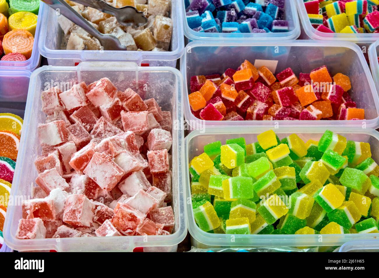 A variety of soft and delicious candies are sold at the fair Stock ...