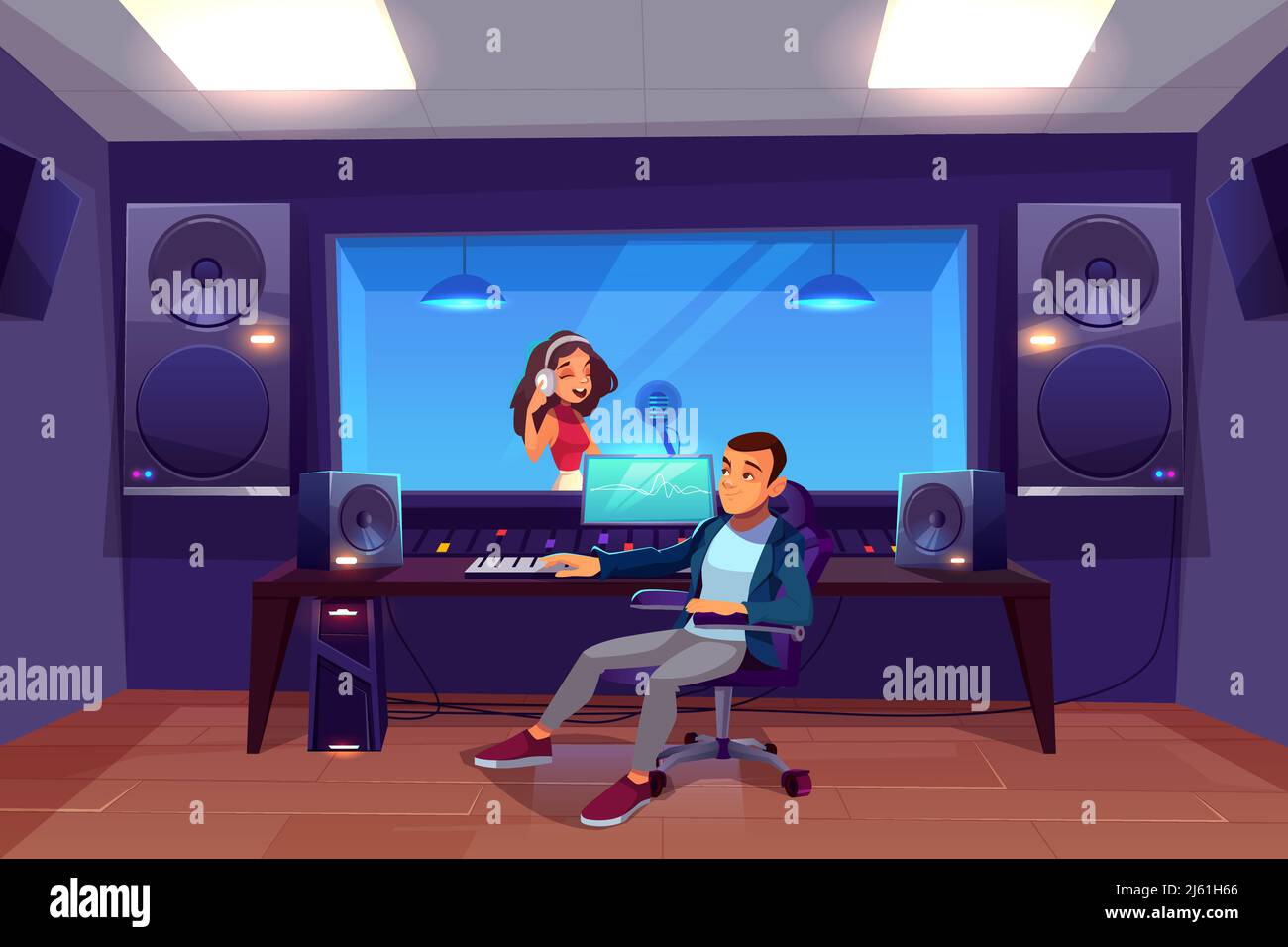 Singer in recording studio. Singing woman in artist booth with ...