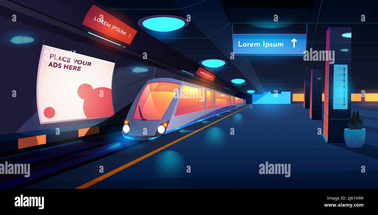 Train in metro station at night time, empty subway platform with ...