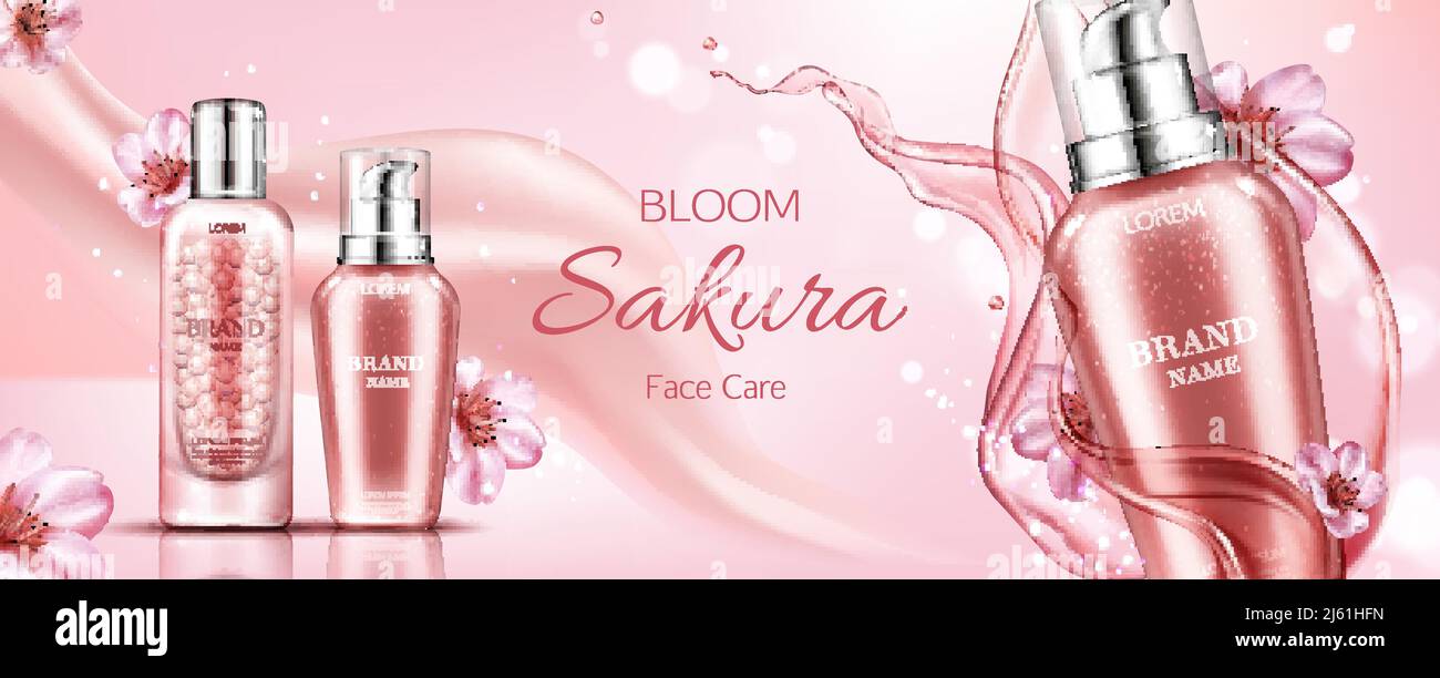 Sakura cosmetics bottles mockup banner, serum and primer with pearl ...