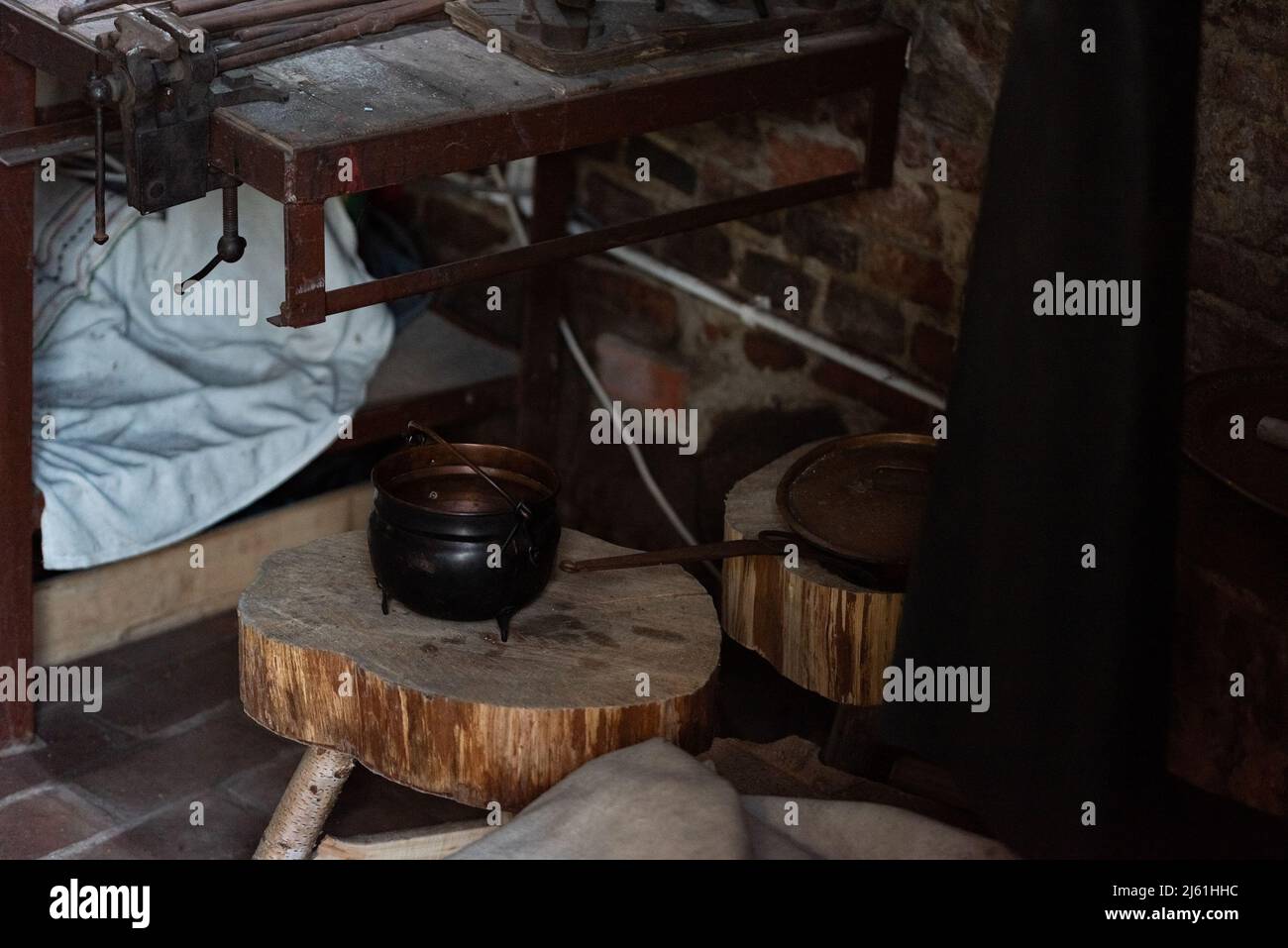 Old blacksmith's workshop, museum in Masovia. Hammers, horseshoes and ...