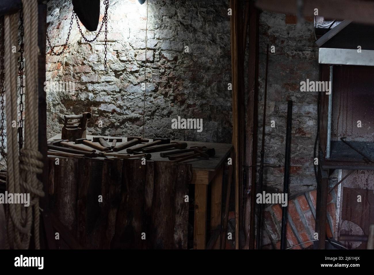 Old blacksmith's workshop, museum in Masovia. Hammers, horseshoes and ...