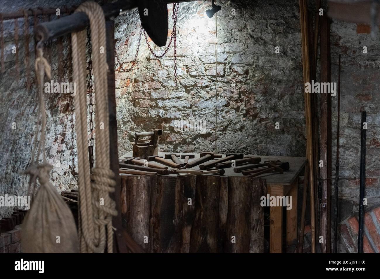 Old blacksmith's workshop, museum in Masovia. Hammers, horseshoes and ...