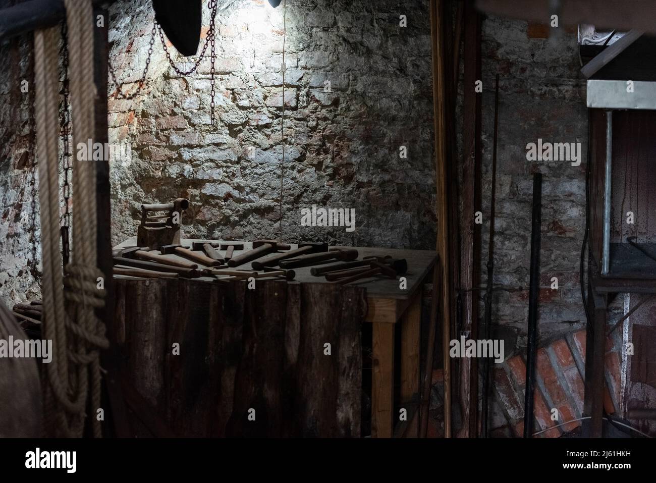 Old blacksmith's workshop, museum in Masovia. Hammers, horseshoes and ...
