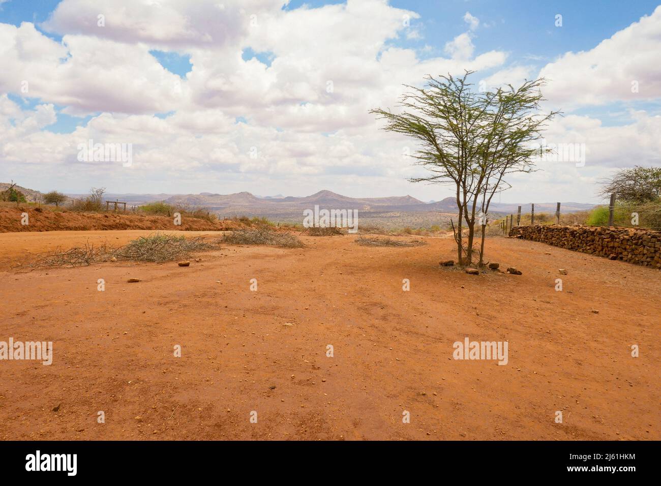 An empty dirt road in the arid landscapes of Nanyuki, Kenya Stock Photo ...