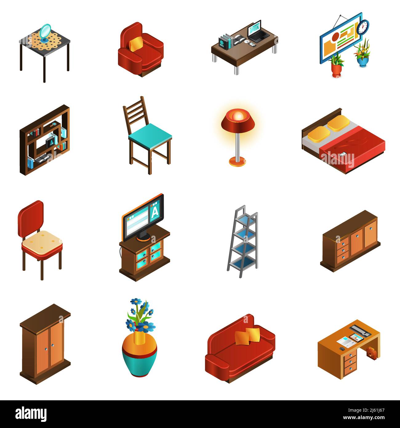 House interior isometric icons set with sofa table and chair isolated ...