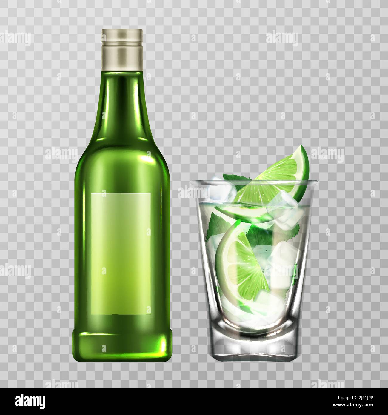 Mojito bottle and glass with liquor, lime slices and ice cubes, alcohol ...