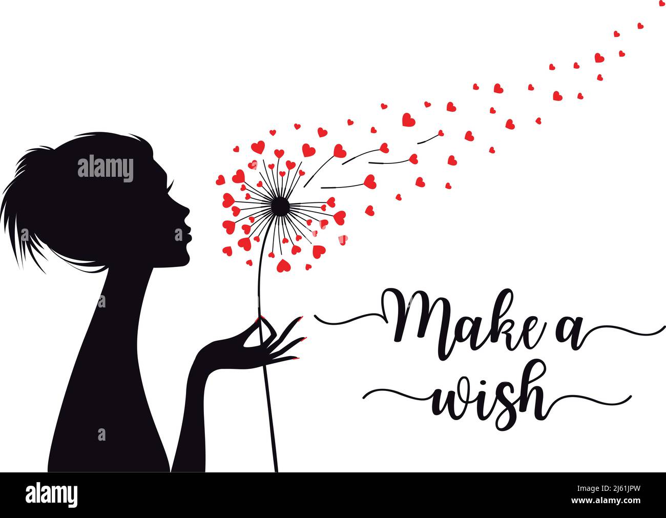 Make a wish, woman holding dandelion flower with flying hearts, vector ...