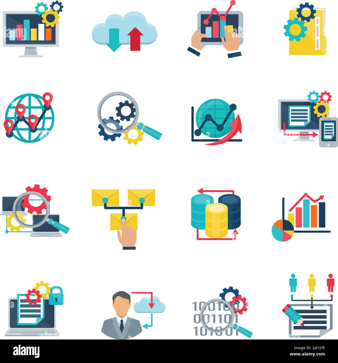 Big data analytics technology flat icons set with internet cloud and ...