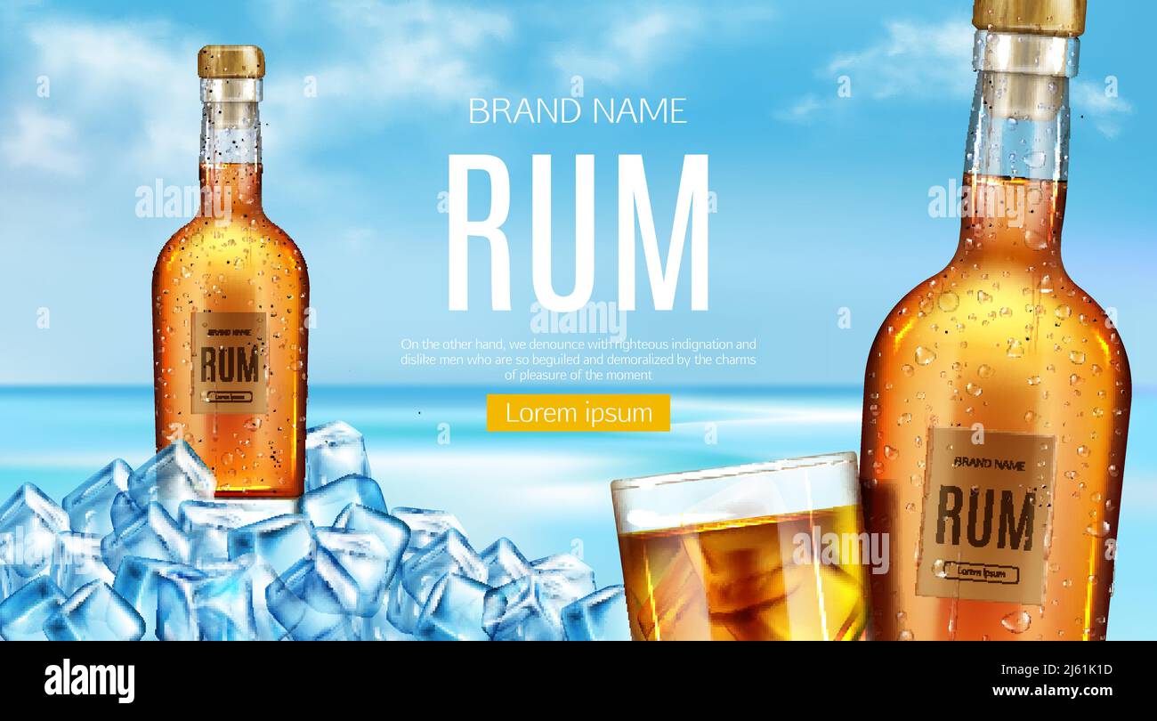 Rum bottle and glass stand of heap of ice cubes mockup banner. Closed ...