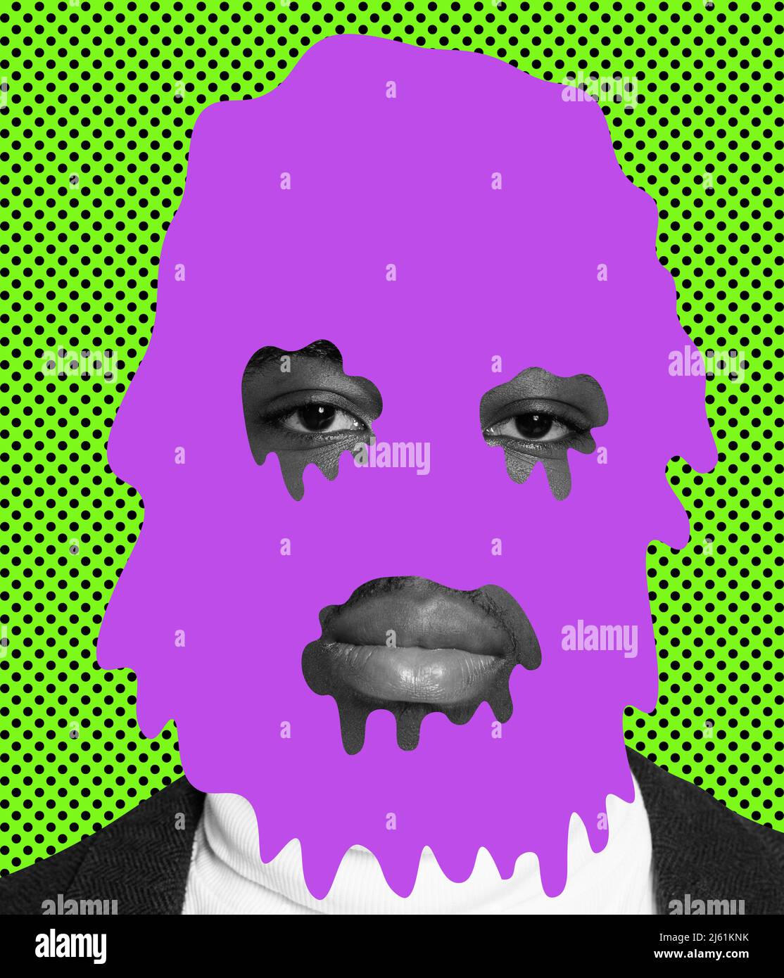 Contemporary art collage. Sad desperate man covered with purple falling ...