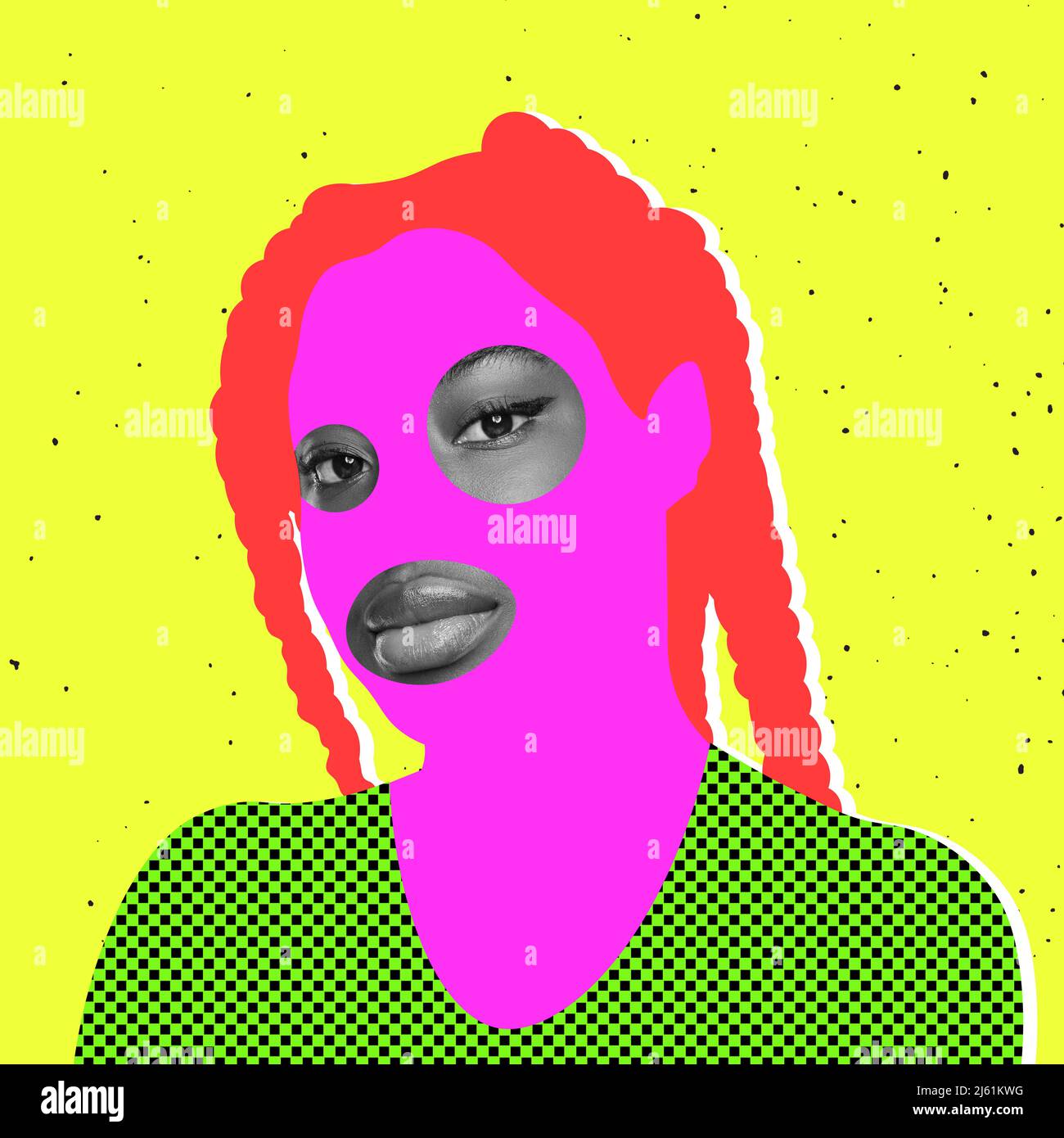 Contemporary art collage. Young woman with drawn face elements isolated ...