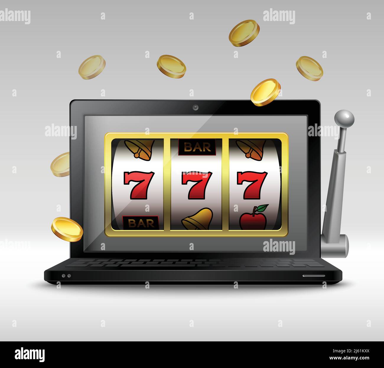 Online gambling concept with laptop and slot machine handle and coins ...