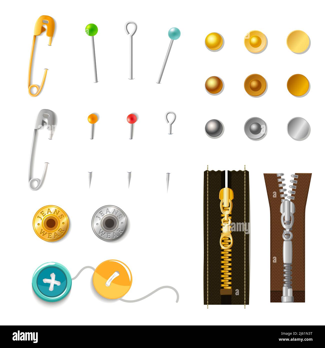 Metal accessories set including colored safety pins buckles and zippers isolated vector ...