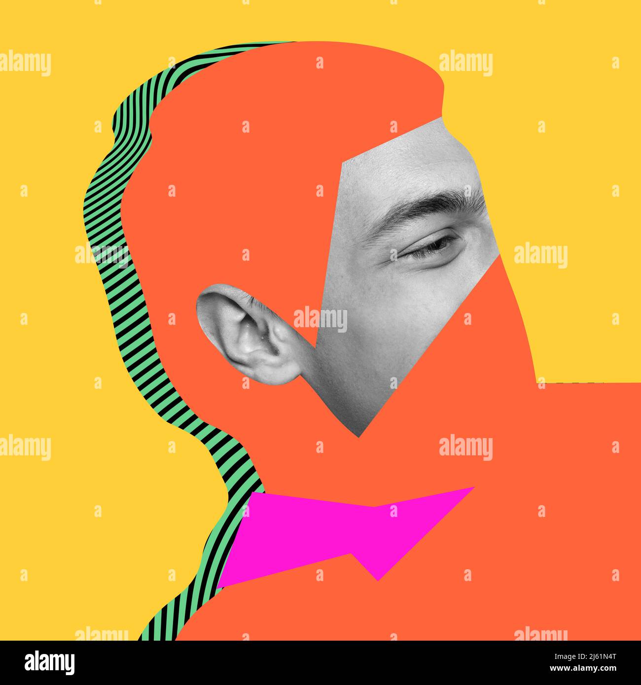 Contemporary colorful and conceptual bright art collage. Smiling young ...