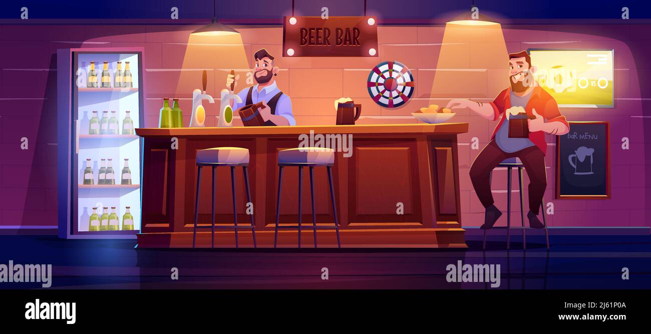 Man in beer bar. Visitor at pub sit on stool at wooden desk eating ...