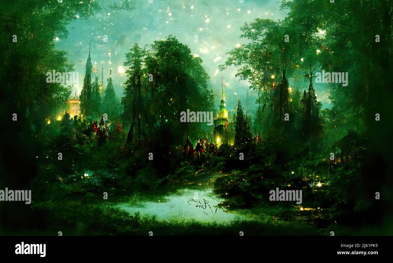 A fairy forest at night. Colored fireflies populate it, while the ...