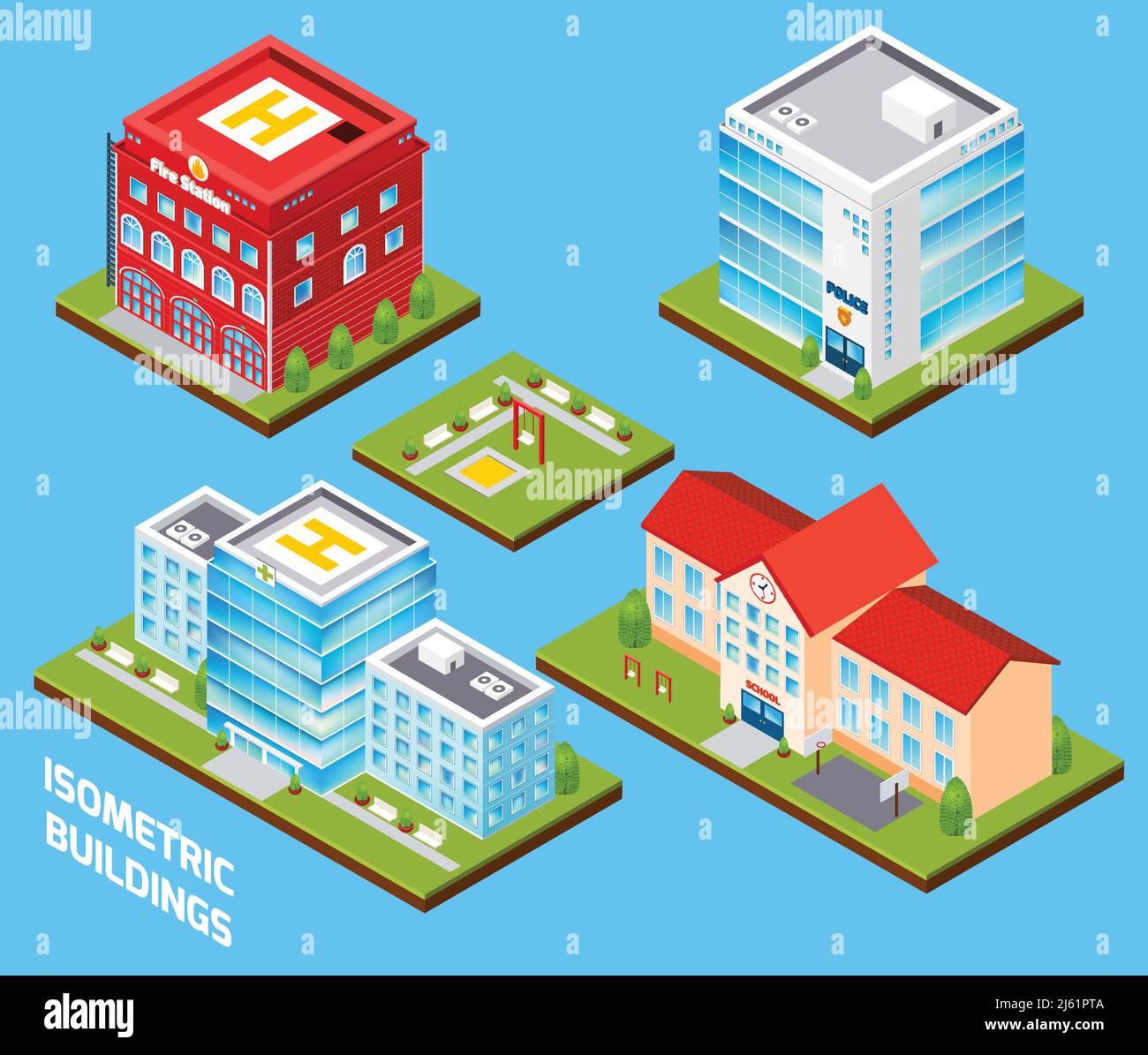 Government buildings 3d isometric set with fire station police hospital ...
