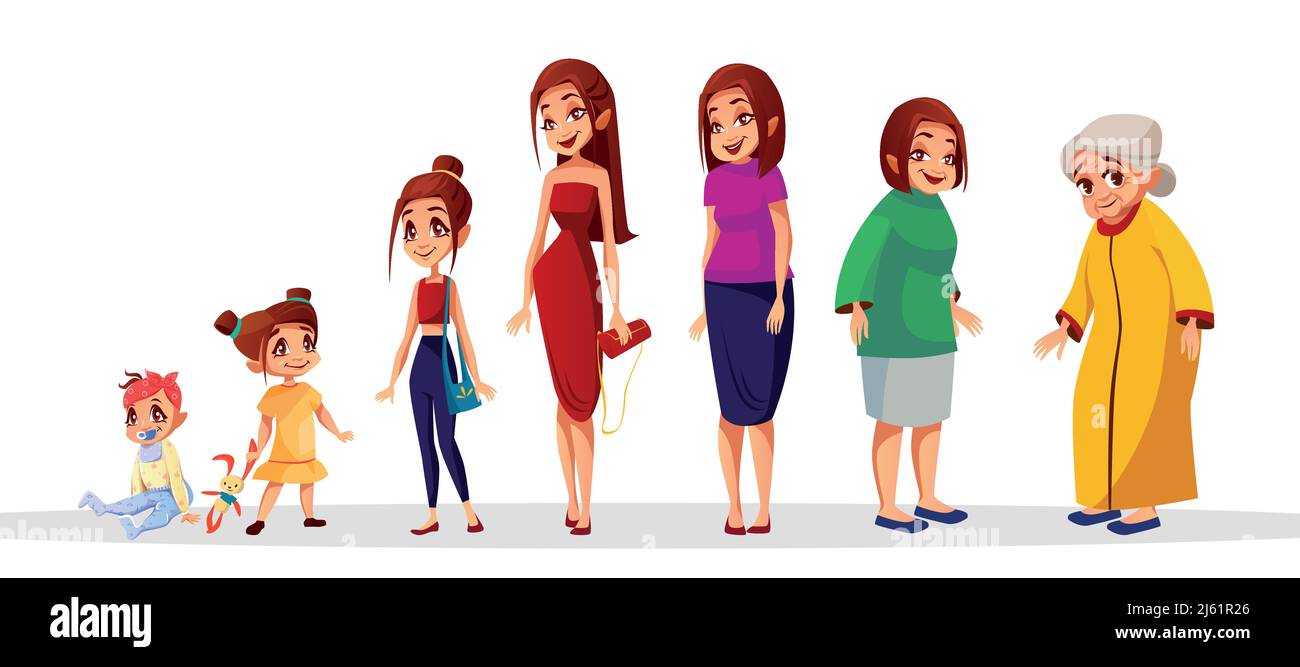 Woman age vector illustration of female generation cycle. Women life ...
