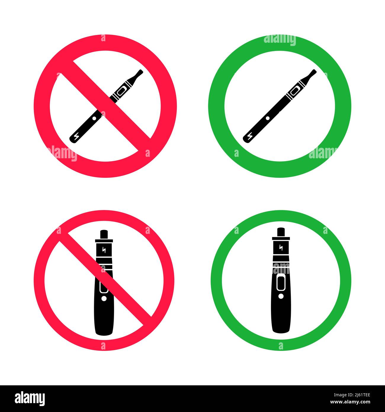 No vaping and vaping area signs. Red forbidden and green allowed circles signs icon set isolated ...