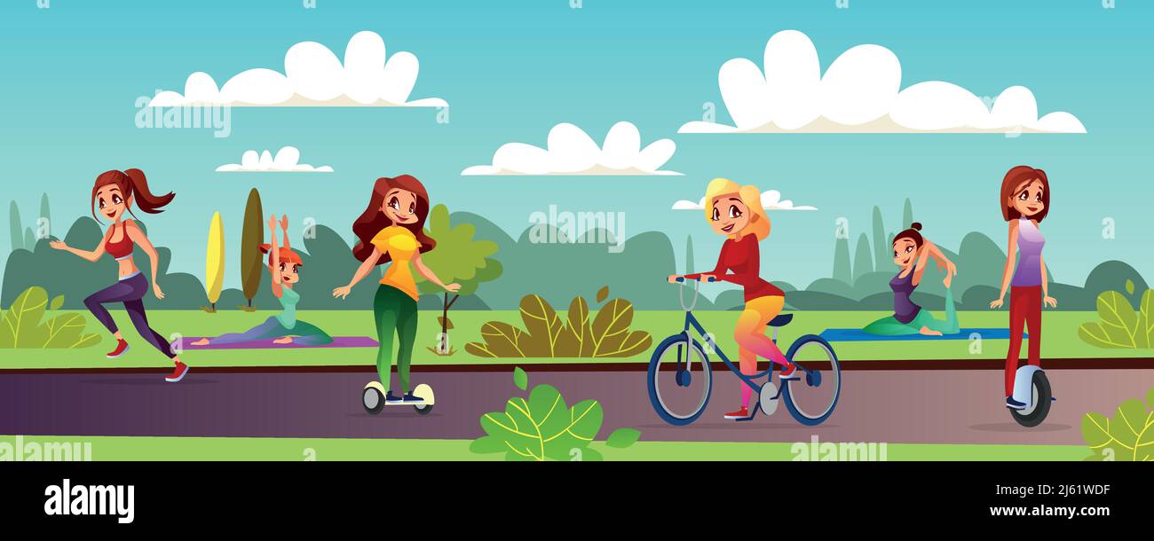 Girls leisure vector illustration of young women recreation in outdoor ...