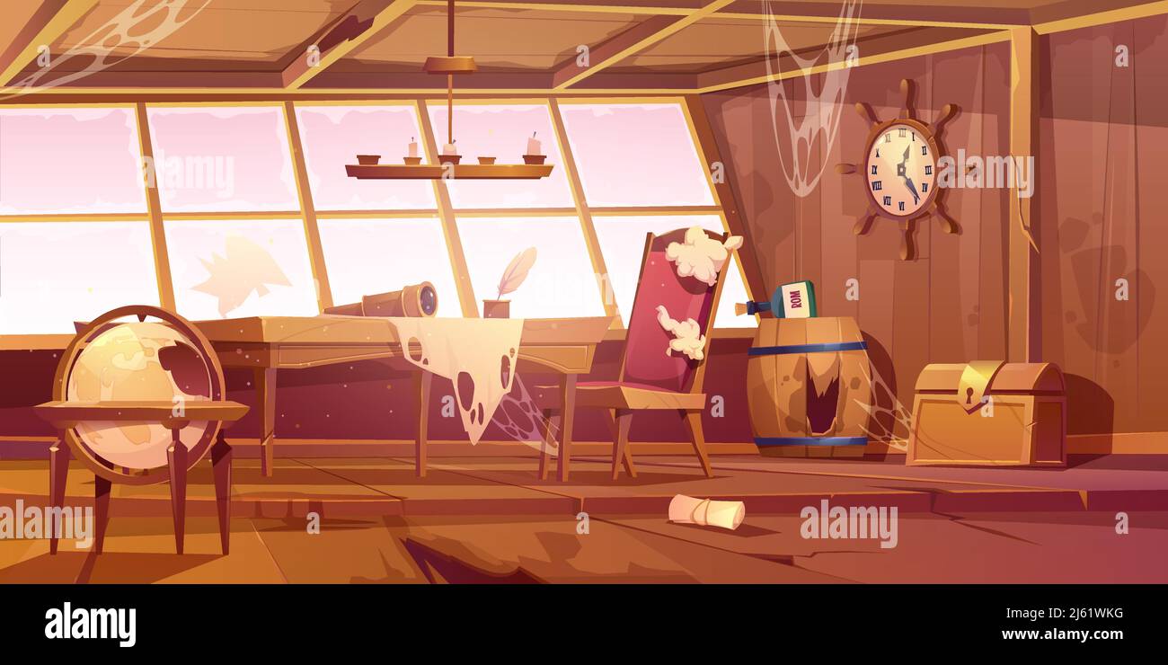 Abandoned pirate ship cabin. Vector cartoon illustration of empty ...