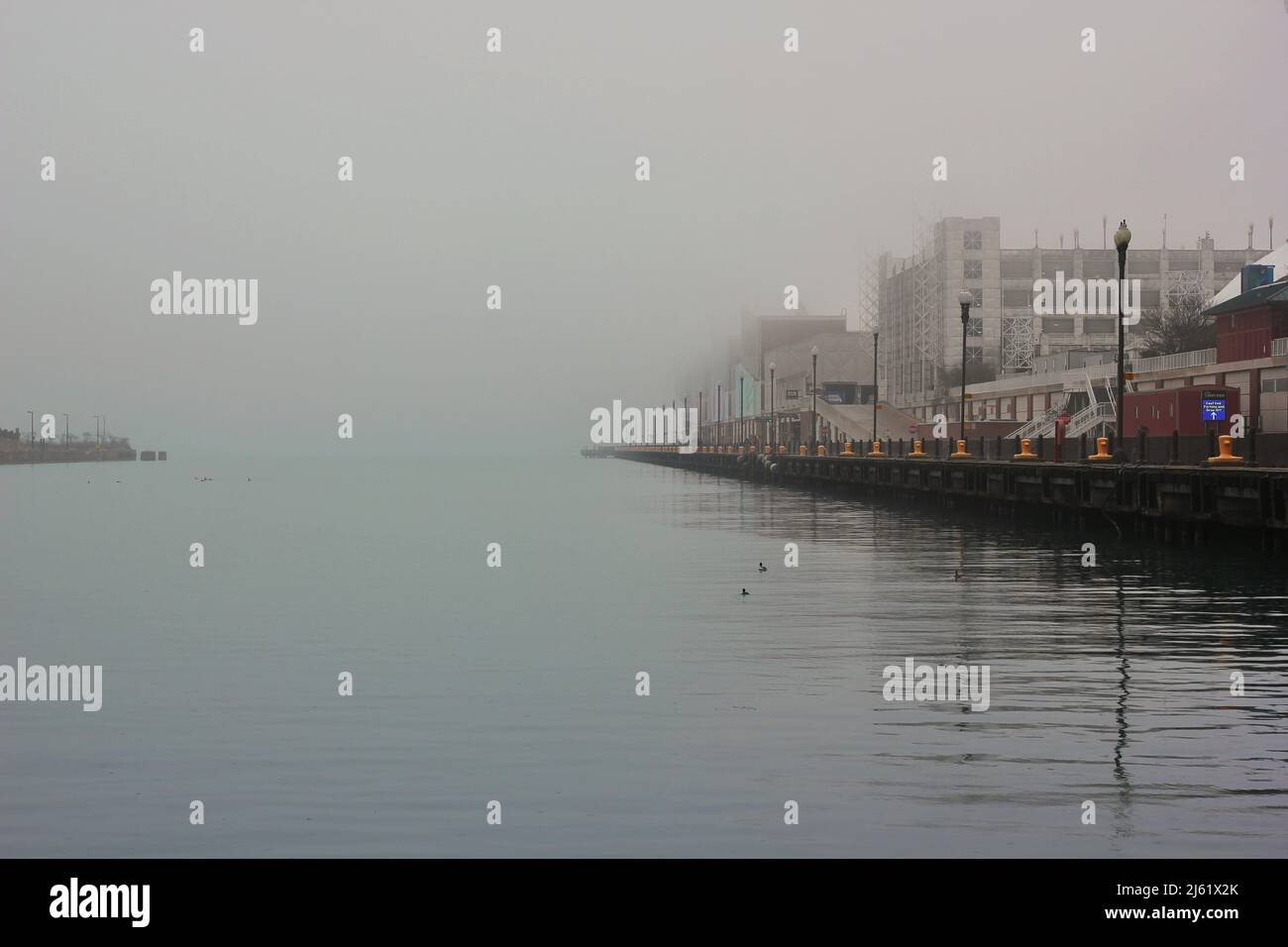 Waterfront pier in very heavy fog on the shoreline Stock Photo - Alamy