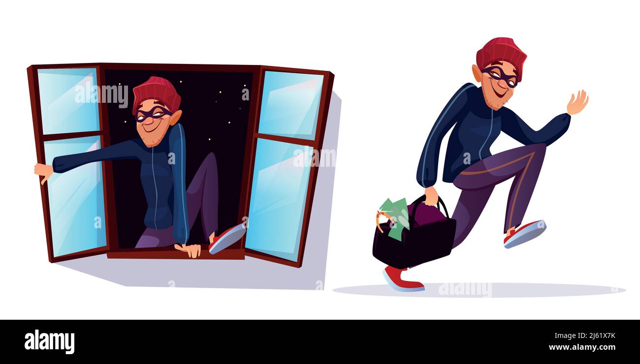 Vector cartoon robber, thief characters set. Male burglar running with ...