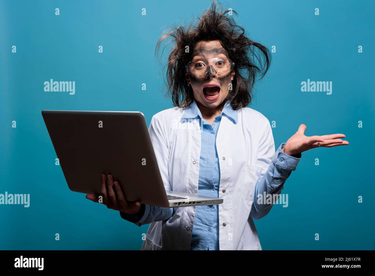 Crazy panicked scientist screaming in panic after laboratory explosion ...