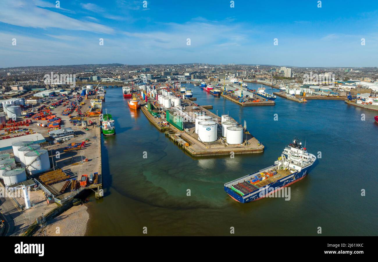 Aerial view from drone of Aberdeen port and harbour, the base for North ...