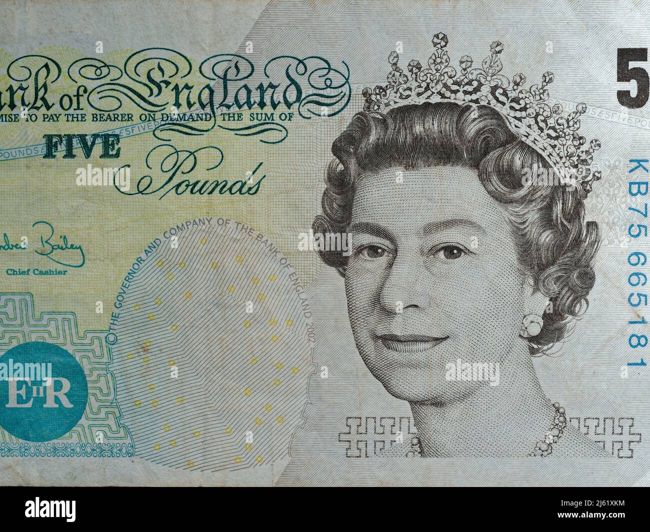 03 13 2022 Bank of England £5 note 5 Pounds Elizabeth II Studio shot ...