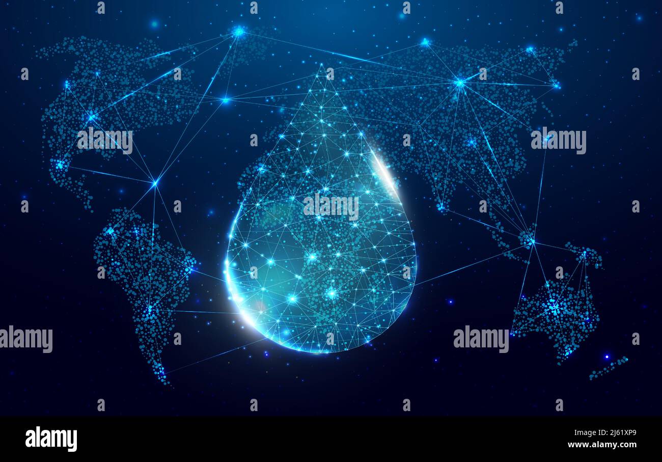 Wireframe polygonal water drop with globe map. World water day concept ...