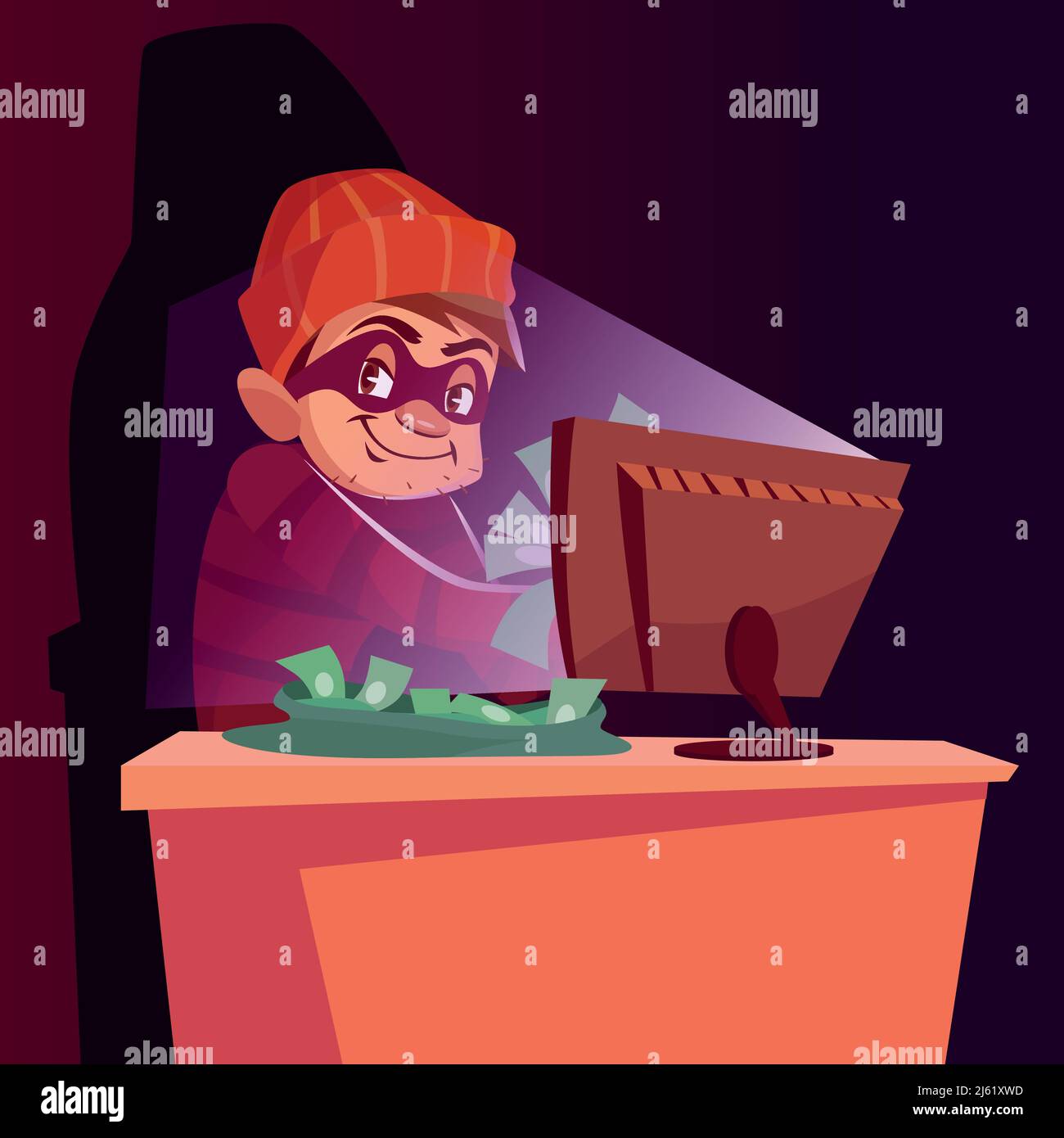 Computer scammer vector illustration of internet hacker scam. Cartoon ...
