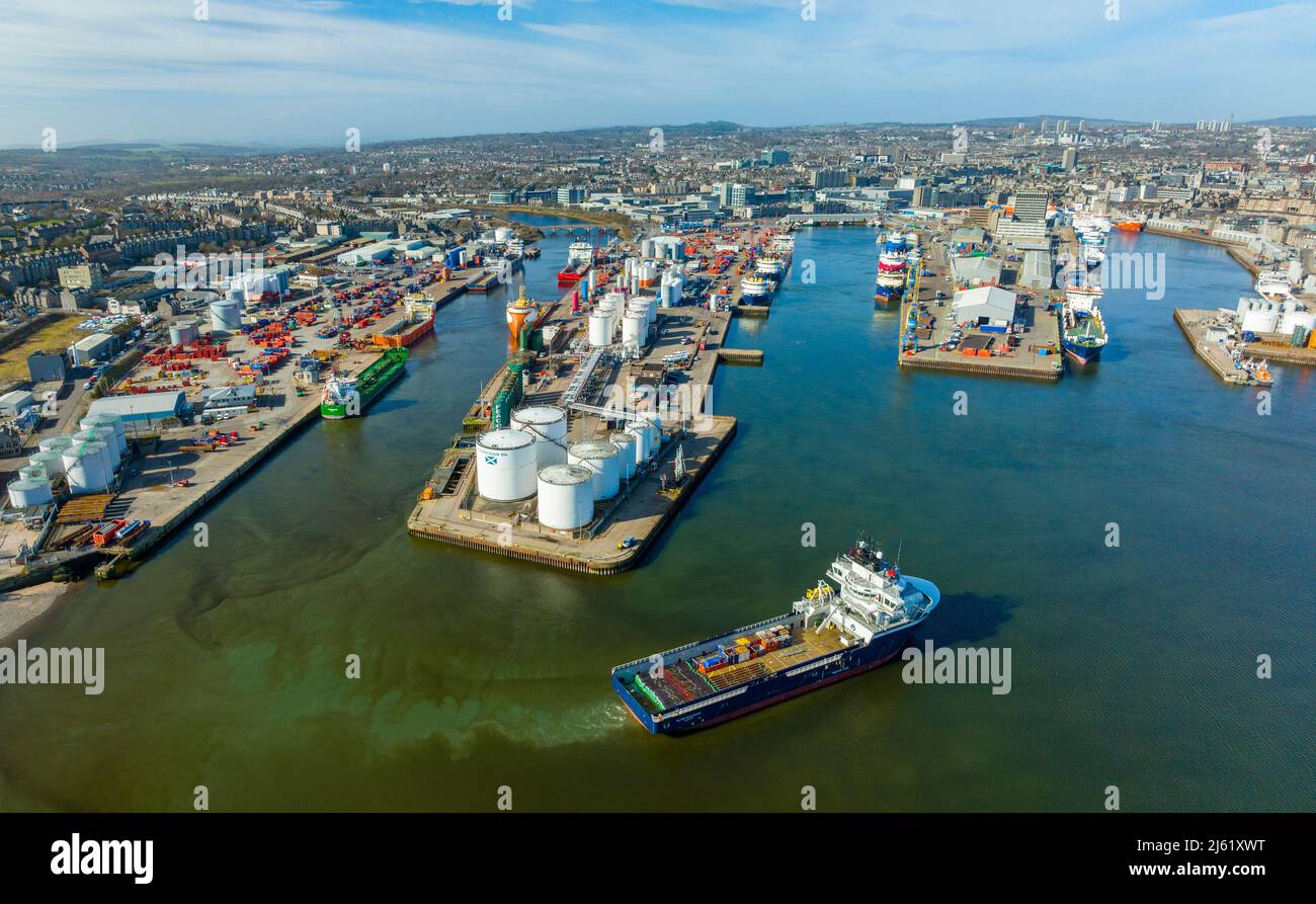 Aerial view from drone of Aberdeen port and harbour, the base for North ...